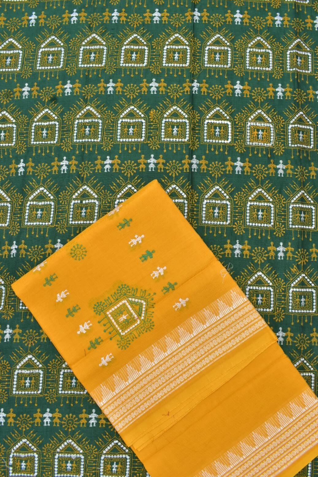 Green Colour Tribal Design Sambalpuri Handloom Bomkai Dress Materials ...